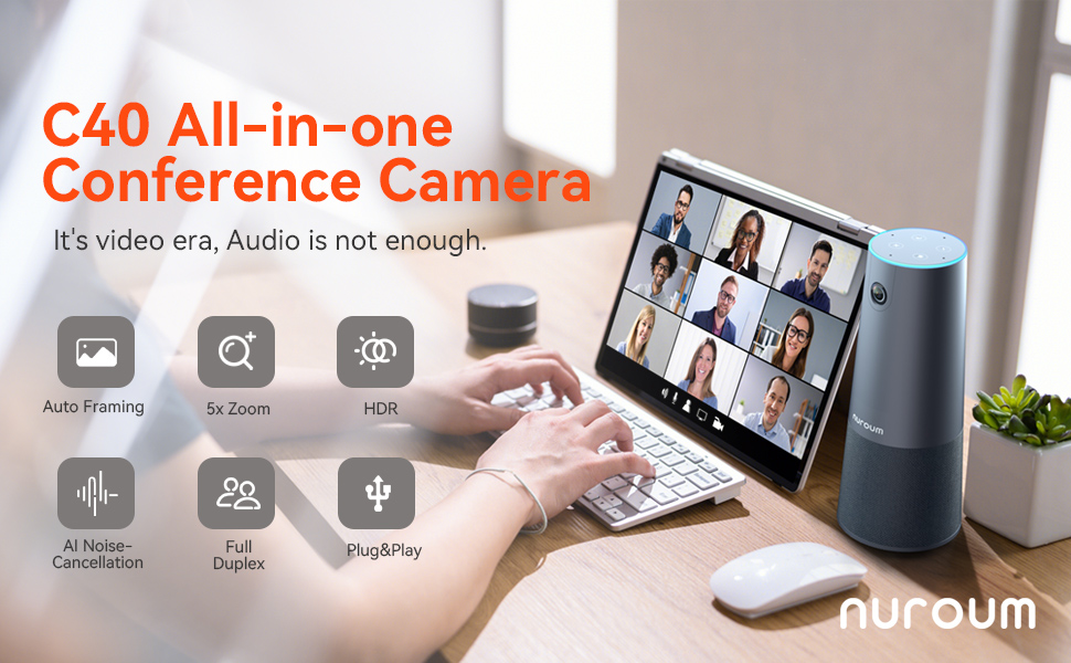 Amazon.com: NUROUM C40 2k Video Conference Webcam with Microphones and Speaker, Auto Framing 5X ...