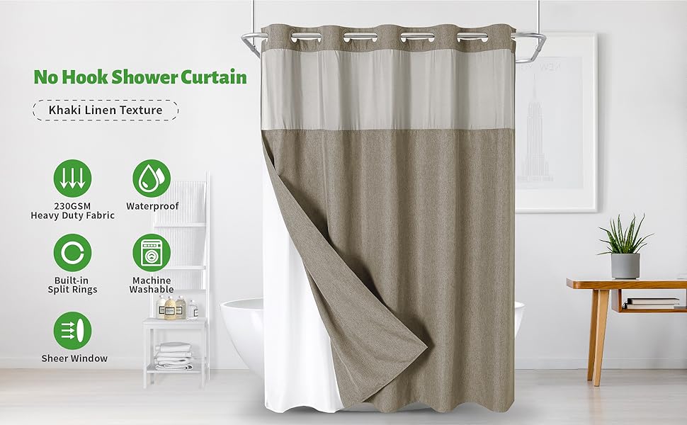Amazon.com: eachope Long No Hooks Needed Linen Textured Shower Curtain with Snap-in Fabric Liner ...