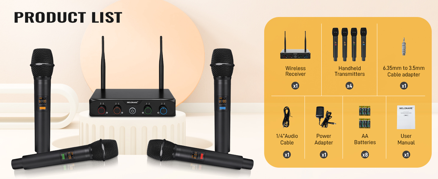 MELONARE 4-Channel Wireless Microphone System, UHF Compact Cordless Mic Set w/ 4x10 Frequencies ...