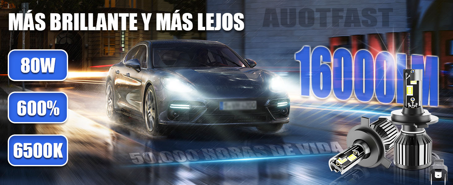 AUTOFAST Bombilla H7 Led Canbus 16000LM,80W,600% Brillante 6500k Blanco Luces Led Para Carro ...