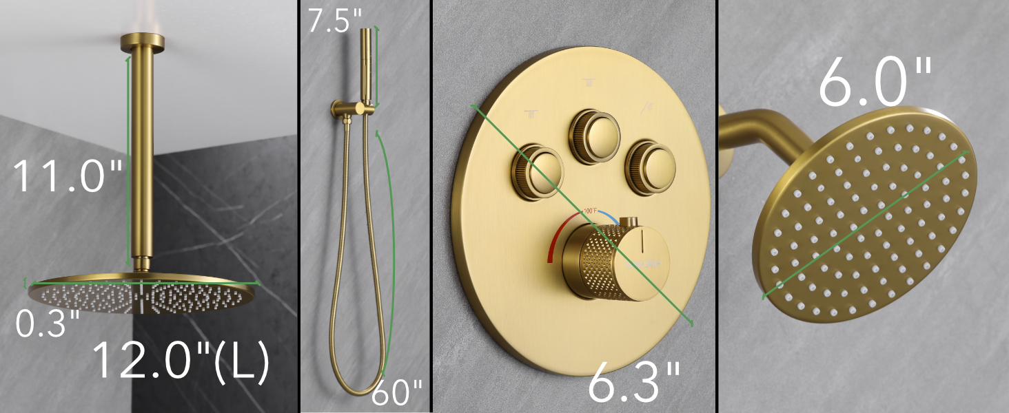 VANFOXLE Thermostatic Shower Faucet Set Brushed Gold Shower System,Push Button Diverter Shower ...