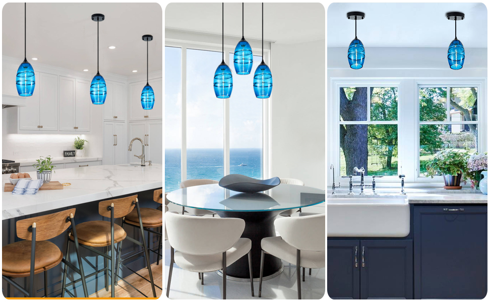 2packs Blue Glass Mini Pendant Lights Oval Glass lamp Shade for Pendant ...