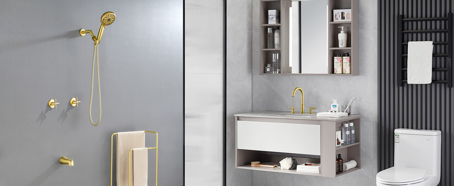 2 Handles Tub Shower Faucet Set with 10 Spray Handheld Shower Brushed Gold Shower System with ...