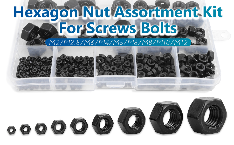 NINDEJIN 326 pcs Metric Black Hex Nuts Assortment Kit M2 M2.5 M3 M4 M5 M6 M8 M10 M12 Assorted ...
