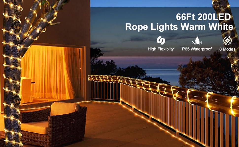 66Ft Rope Lights, 200 LED Connectable Waterproof Rope Light, Rope Lights Outdoor Indoor, Rope ...