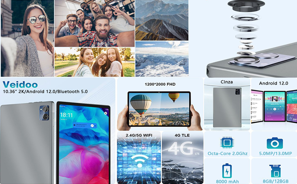 Janazan Tablet P98 Pad 128GB 8GB RAM Octa-Core, Tela IPS de 10,36'' 2K Dual SIM, Câmera Frontal ...