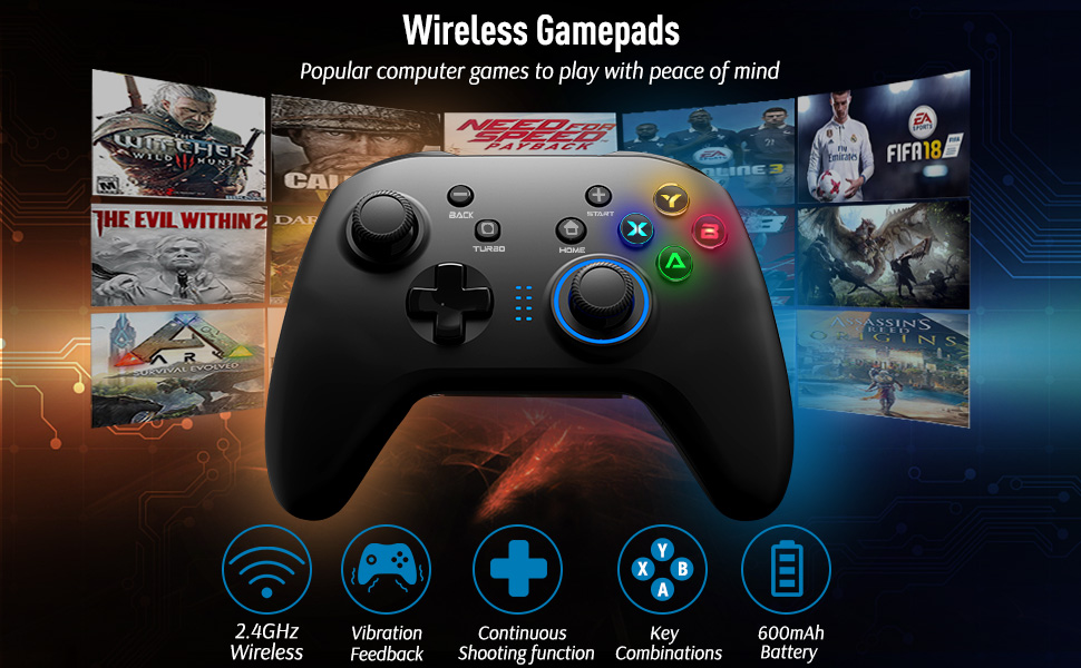 XASLA Wireless Gaming Controller, Dual-Vibration Joystick Gamepad ...