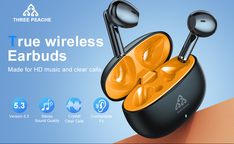THREE PEACHES Wireless Earbuds Ear Buds Bluetooth 5.3 Stereo Bass ...