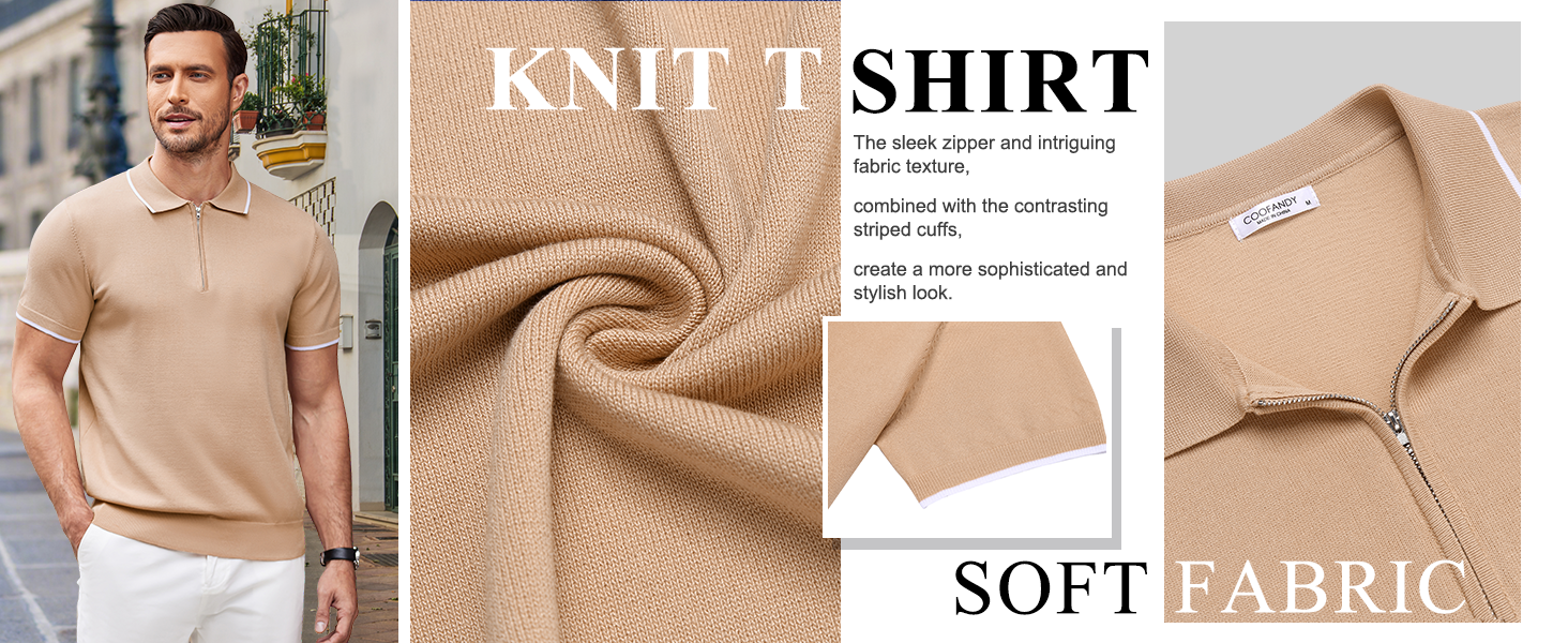 COOFANDY Mens Zipper Casual Stripe Knit Polo T Shirt Lightweight Moisture Wicking Golf, Black ...