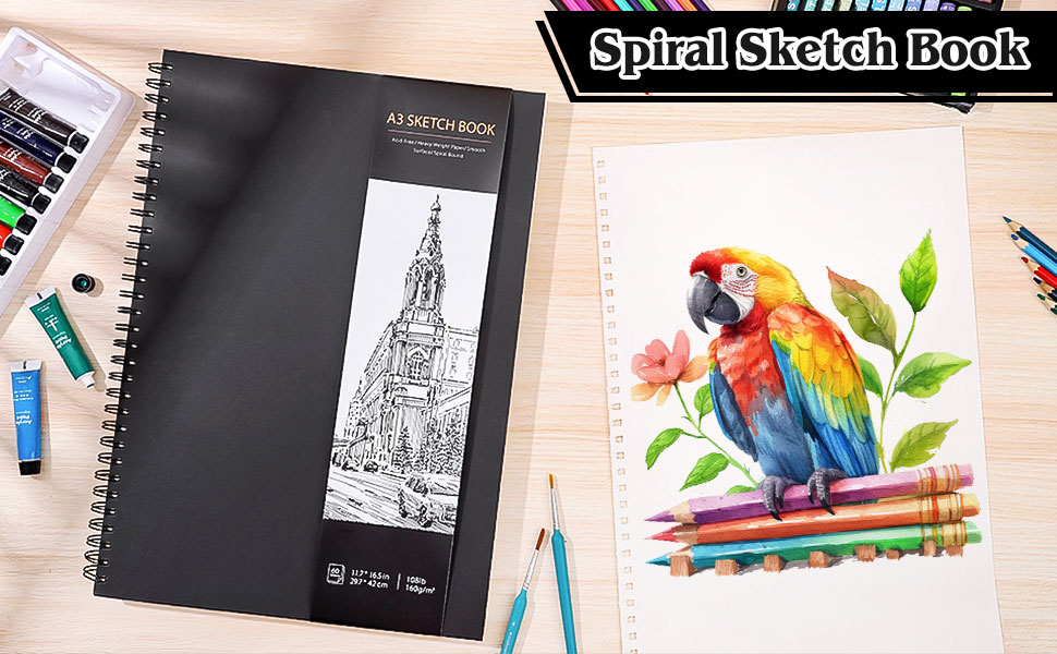 A3 Sketchbook, Spiral Hardcover Sketch Book, 160gsm Thick Paper Art Book, Drawing Pad for ...