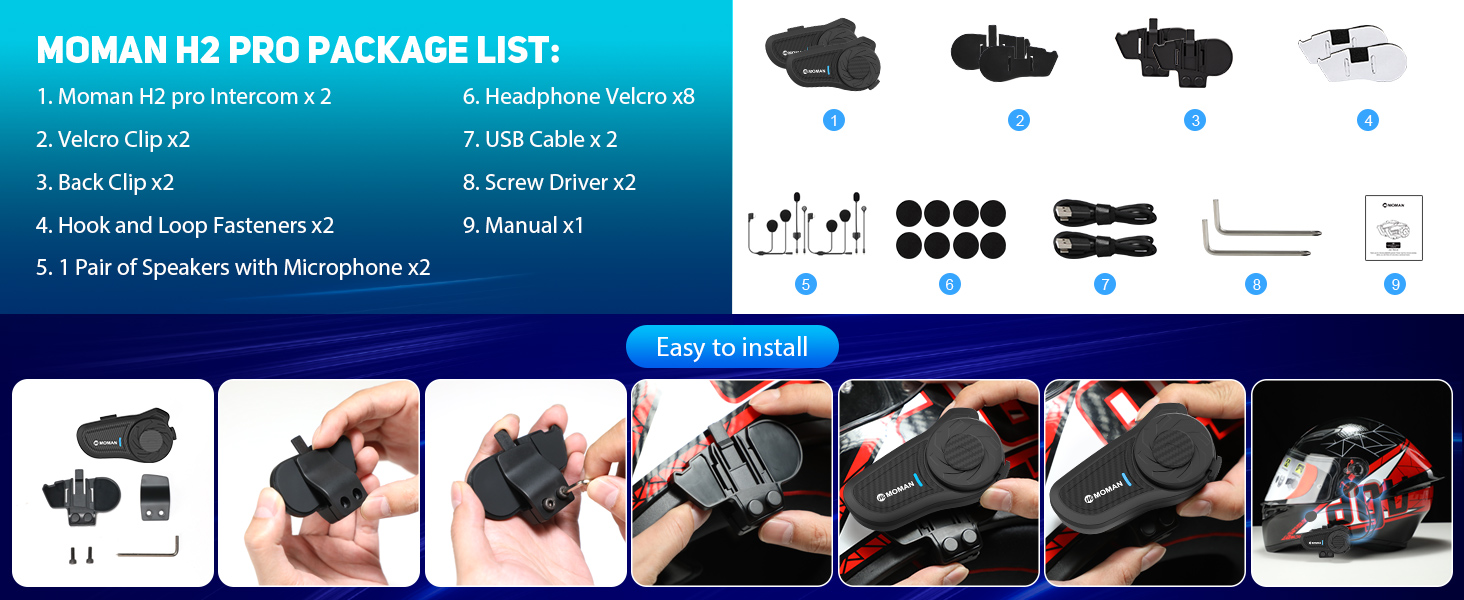 Moman Motorcycle Intercom Headset, H2 Pro【1 Pack Carbon】 Helmet Wireless Communication System ...
