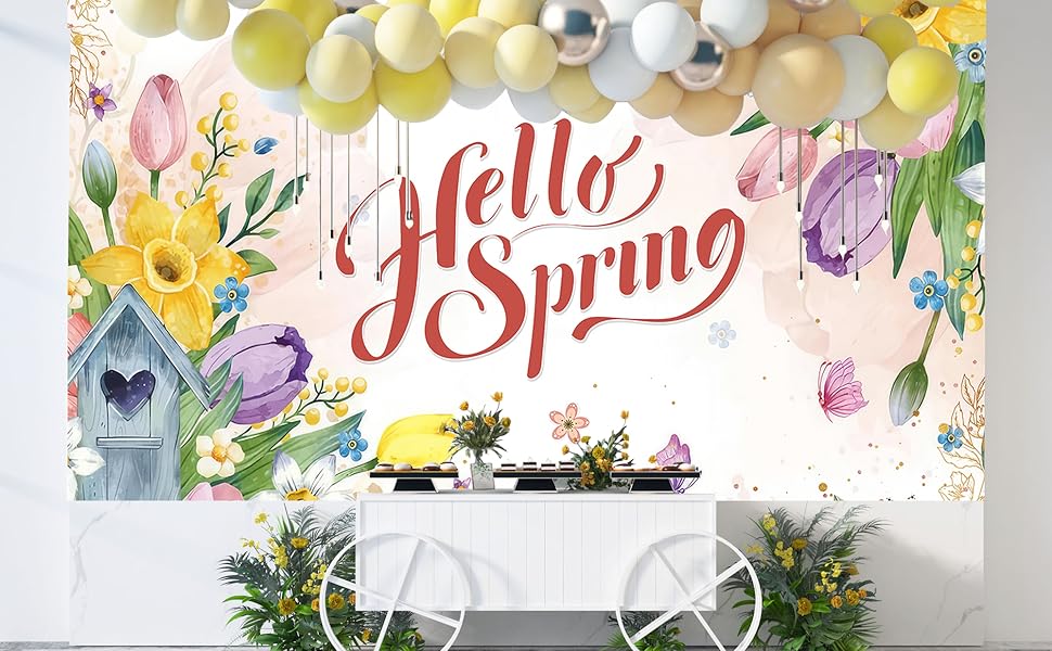 Amazon.com : SJOLOON Hello Spring Backdrop Butterfly Flowers Backdrop ...