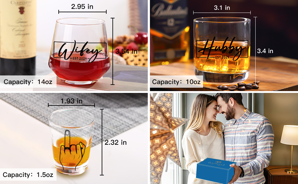 Amazon.com: Hubby & Wifey EST 2024 Wine&Whiskey Glass Set,Unique Engagement Gift for Couples ...