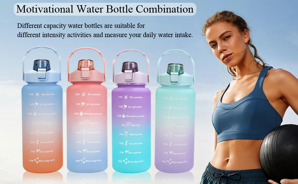 Botella de agua motivacional con pajita, 3 unidades, 64 onzas, 32 onzas, 16 onzas, marcador de ...