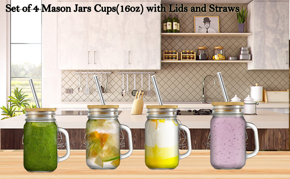 Amazon.com: GAGAMOTEYA 4 Pack16 oz Glass Mason Jar with Handle, Mason Jars Cups with Bamboo Lids ...