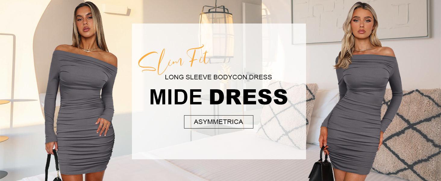 Amazon.com: Darong Women's Sexy Off Shoulder Ruched Long Sleeve Bodycon ...