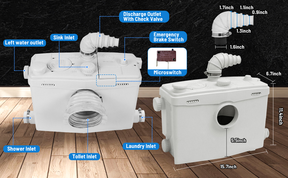 High Power 800Pro Macerating Toilet with Pump for Basement Upflush System, 4 Ports & 2 Discharge ...