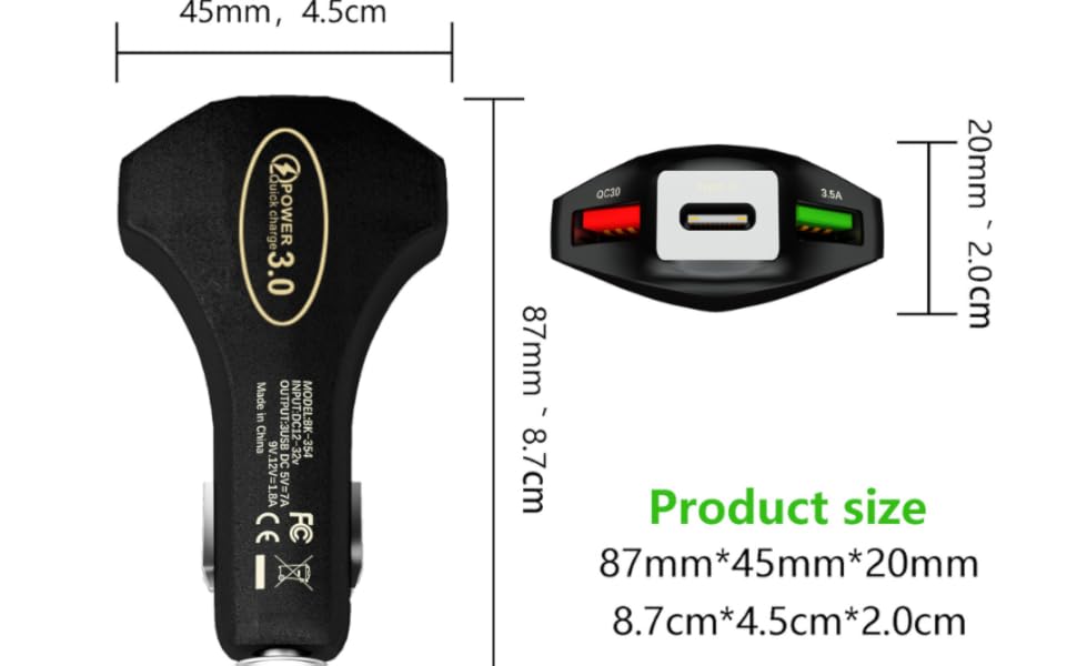 Roiking Type-C Fast Car charger (QC3.0 fast charging) 7A 3in1 USB Car charger adapter for all ...