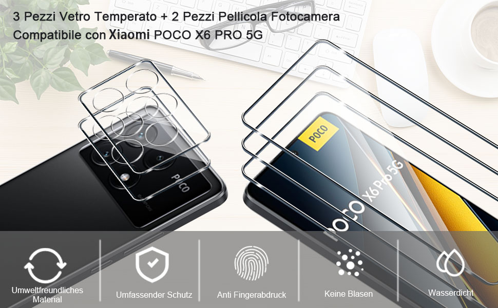 HidWee Vetro Temperato Compatibile con Xiaomi POCO X6 Pro 5G, 3 Pezzi Pellicola Protettiva e 2 ...
