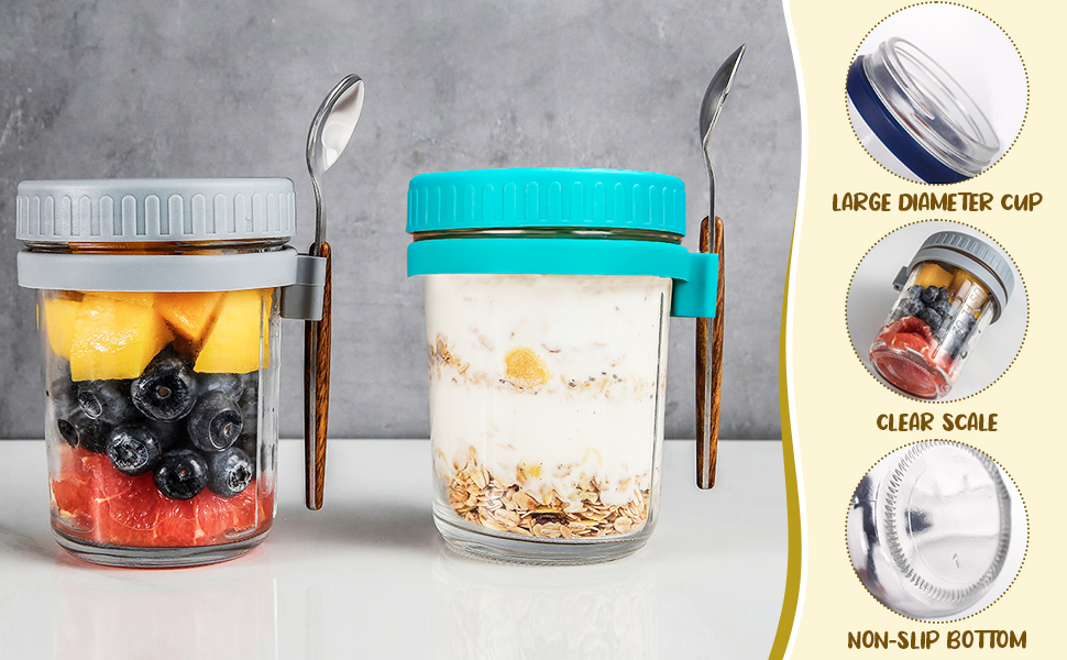 KESAPLAN Overnight Oats Containers with Lid and Spoon Set of 2, 10 oz Large Airtight Capacity ...