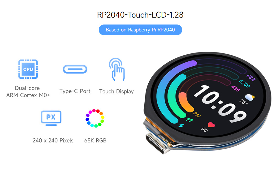 Amazon.com: Waveshare RP2040 Microcontroller Development Board, with 1.28inch Round Touch LCD ...