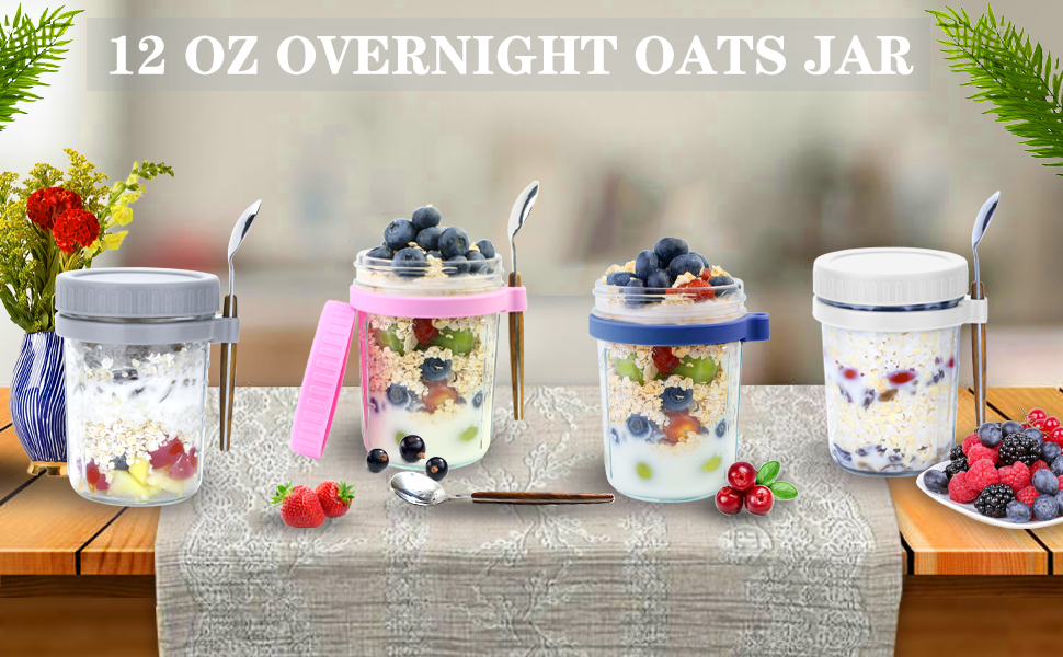 Kvittra Overnight Oats Containers with Lids and Spoons - 4 Pack Glass Mason Jars, 350ML Oats ...