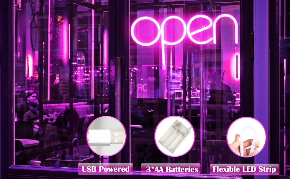Open LED Neon Signs Light Business Hours Sign,Powered by USB Cord or AAA Batteries Shop Window ...