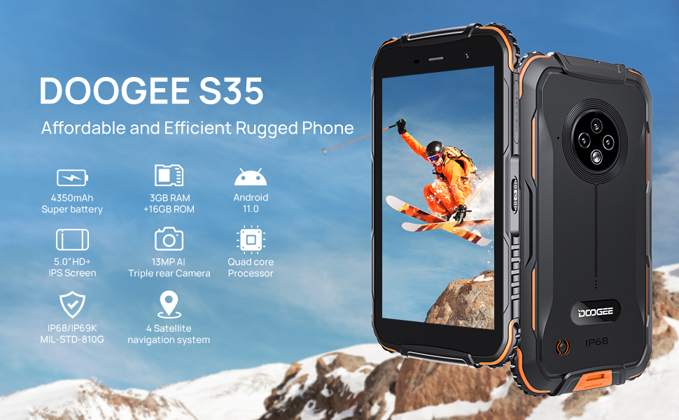 DOOGEE S35 (2022) Rugged Smartphone, 4350mAh Battery, Android 11, 3GB+16GB/SD 512GB, 13MP+5MP ...