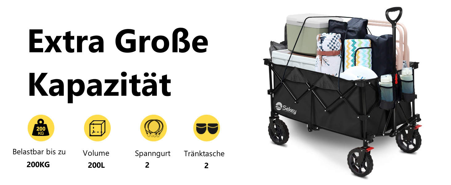 Sekey XXL Plus Bollerwagen Faltbar 200L 200KG Tragkraft, Faltbarer Bollerwagen Geländetauglich ...