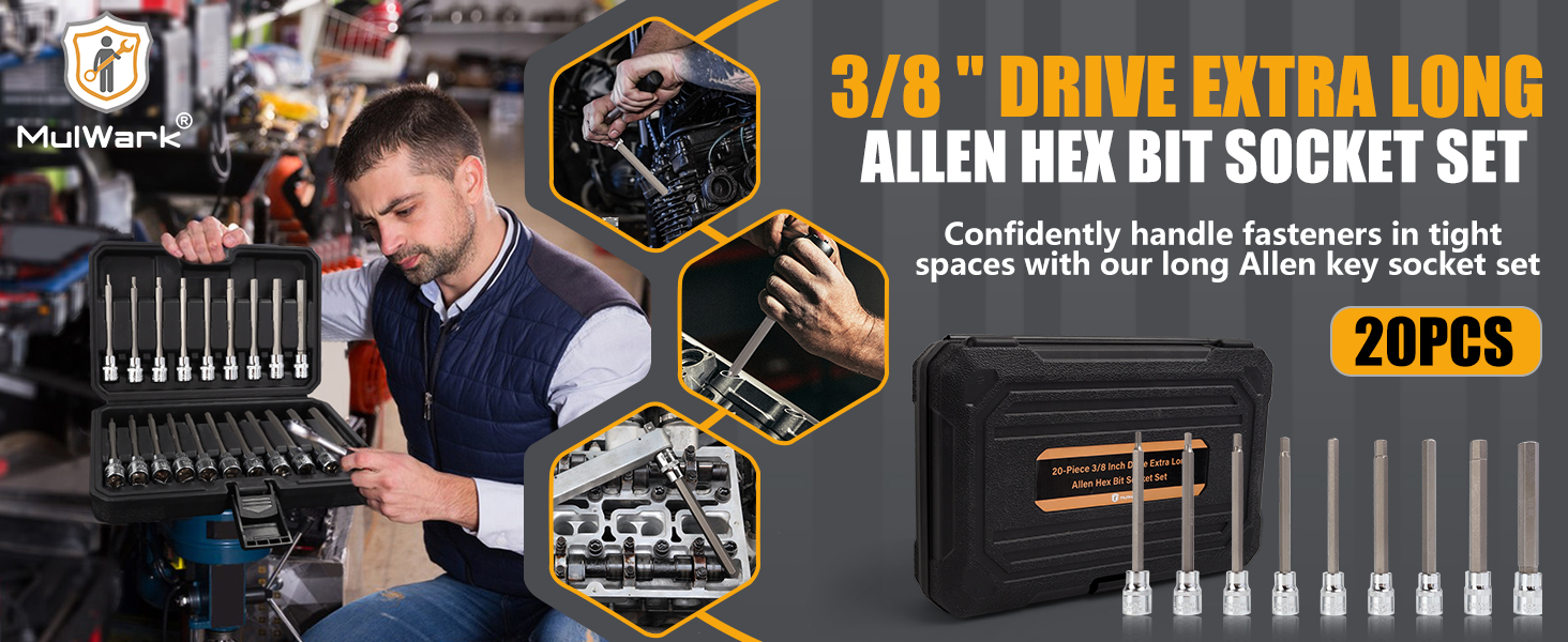 Mulwark 20PC 3/8" Drive Extra Long Allen Hex Bit Socket Set - Long Allen Socket Set contain ...