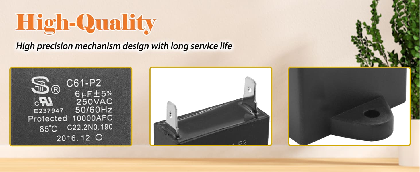 E237947 C61-P2 Capacitor 6uF 250VAC 50/60Hz 10000AFC C22.2NO.190 85℃ Fits for Most Motors ...