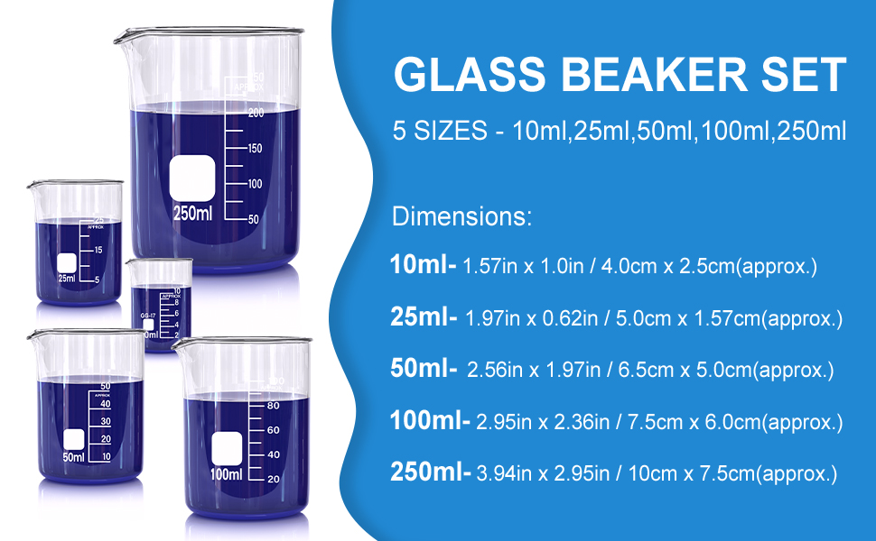Glass Beakers Set, 5 Sizes - 10ml, 25ml, 50ml, 100ml, 250ml, 3.3 Borosilicate Beaker for ...