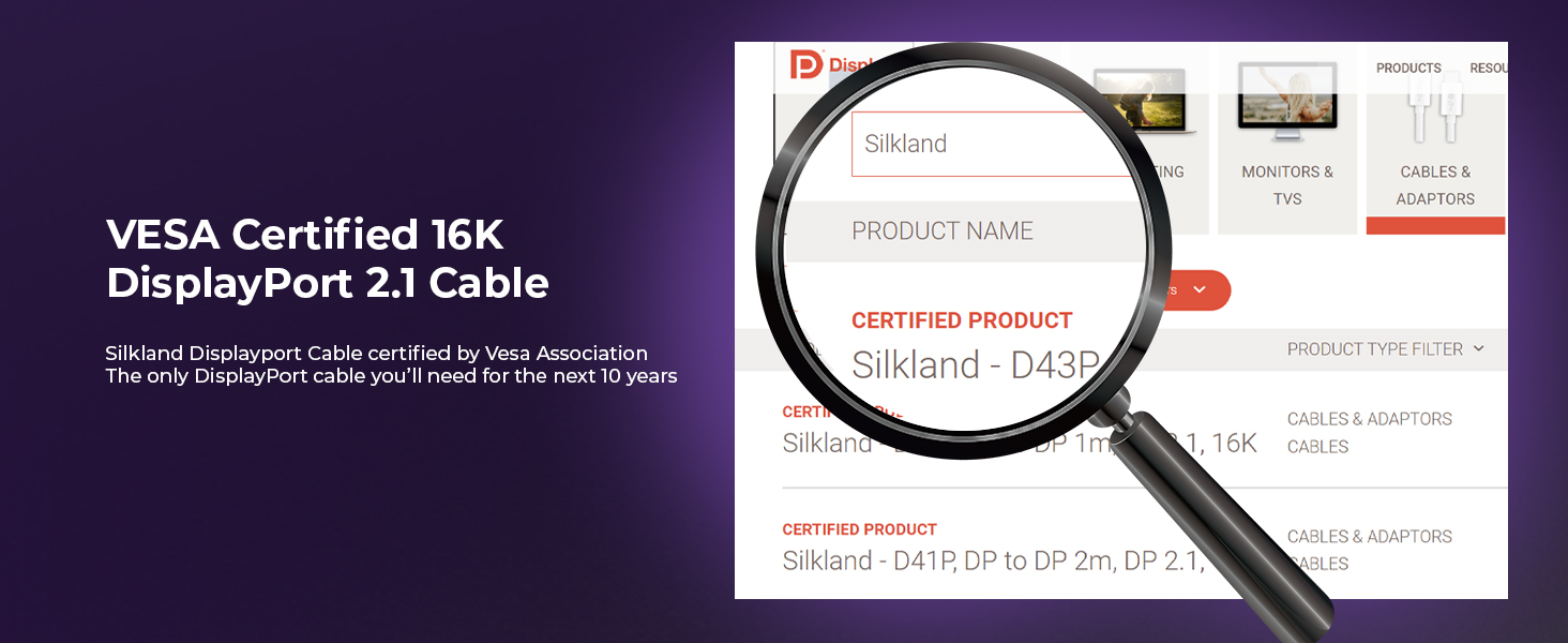 Silkland DisplayPort 2.1 Cable [VESA Certified], DP 2.0 Cable [16K@60Hz, 8K@120Hz, 4K@240Hz ...