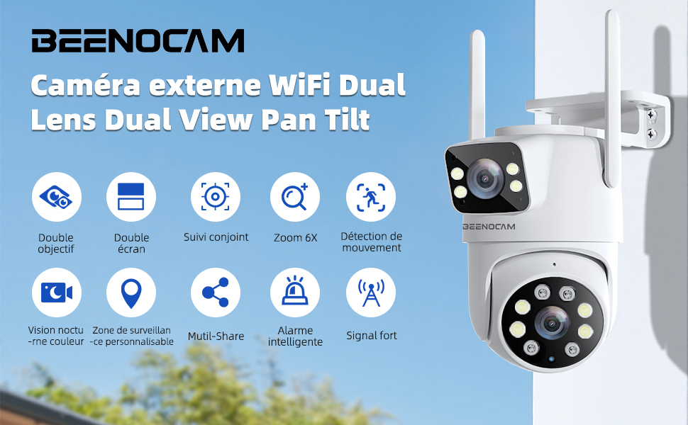 3K 4MP Caméra Surveillance WiFi Extérieure avec Double Objectif,BEENOCAM 2,4/5Ghz 360° PTZ ...