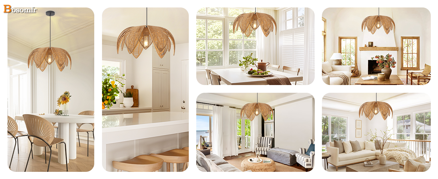 Bosomfr Hand Woven Rattan Chandelier, Boho Pendant Light 19.68 inches ...