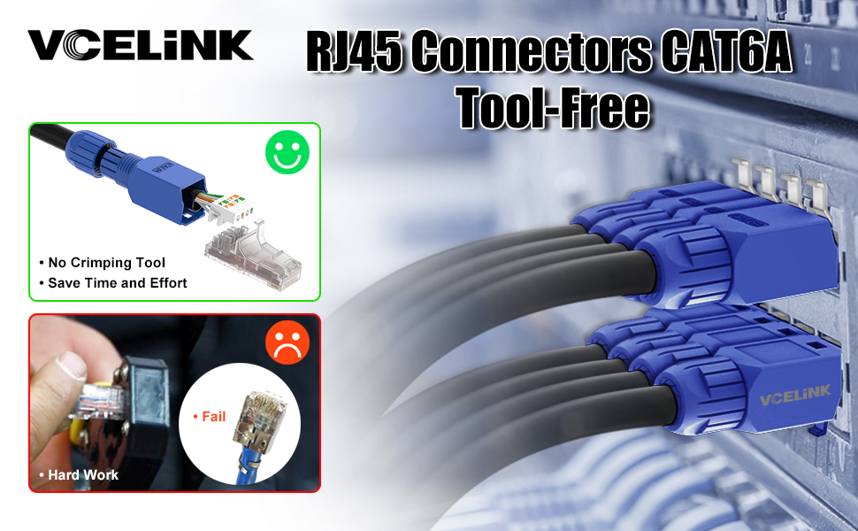 VCELINK RJ45 Connectors Tool Free, Toolless Cat6A Modular Plug, Gold Plated Cat6A Ethernet Cable ...