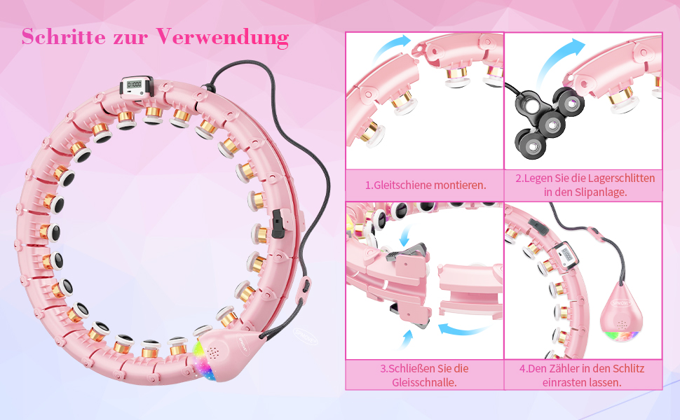 SPMOVE Smart Hula Hoop, Fitnessreifen mit LED-Ball und Zähler, 24-teilig abnehmbar, Rosa ...