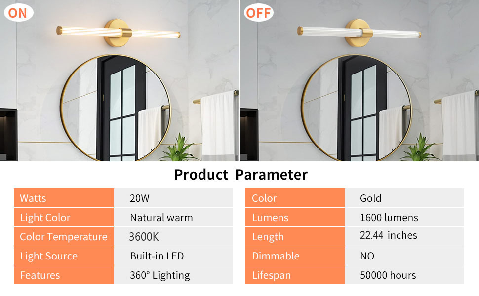 Dimmable LED Oro Baño Vanidad Luces 360 ° Iluminación Completa Baño Lámparas Sobre Espejo 22 ...