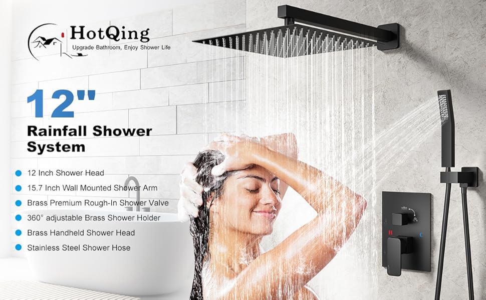Shower System, Rainfall Shower System with High Pressure 12 inch Shower Head Hand Held Square ...