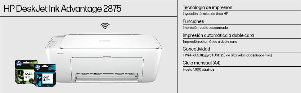 HP Impresora Multifuncional DeskJet Ink Advantage 2875, Todo-en-Uno, Inyección térmica de Tinta ...