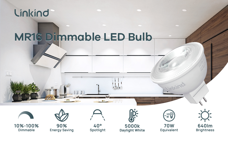 Linkind MR16 LED Bulb Dimmable, GU5.3 Bi-Pin Base MR16 LED Bulbs, 6.5W (70W Equivalent) 5000K ...