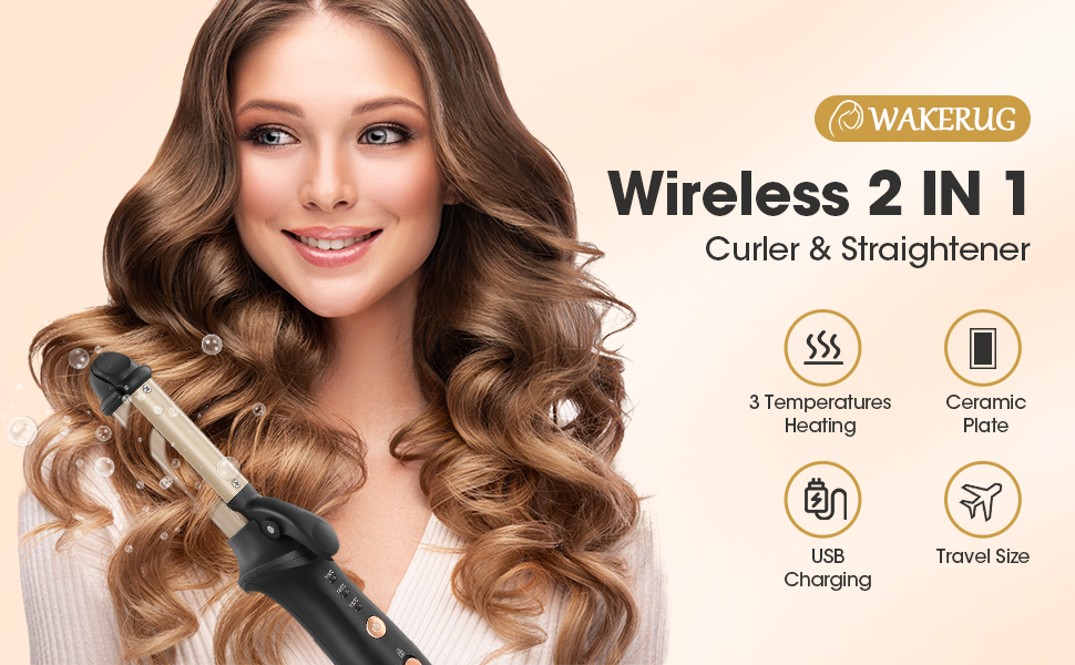 Cordless 2 in 1 Travel Mini Hair Curler and Straightener for Short Hair, Portable Curling Iron ...