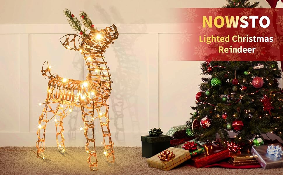 Amazon.com: Rattan Reindeer, 24 Inch Christmas Decoration, Battery Operated Prelit Standing ...