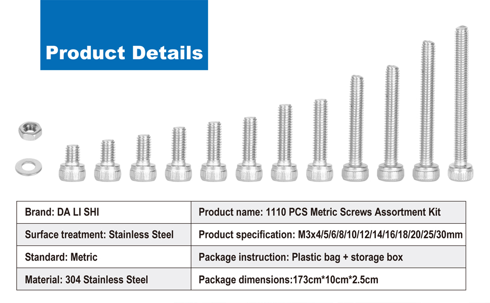 Amazon.com: DA LI SHI 1110Pcs M3x4/5/6/8/10/12/14/16/18/20/25/30mm Metric Screws Assortment Kit ...