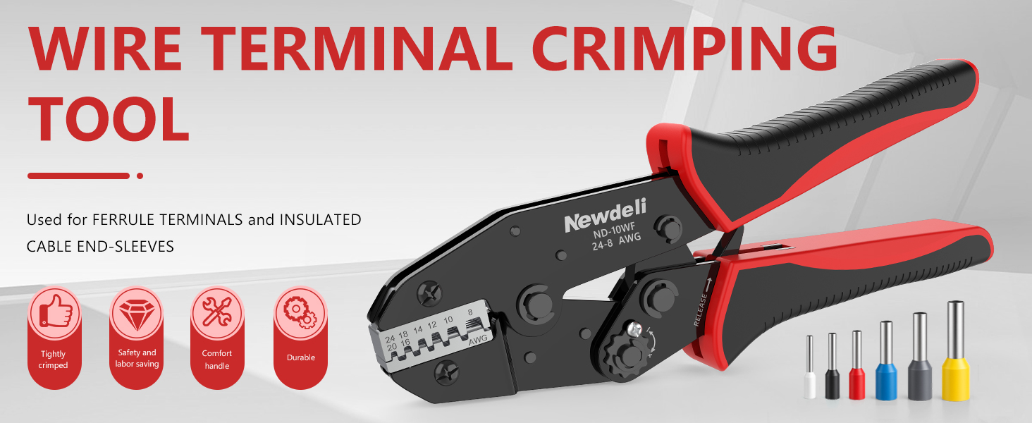 Newdeli Ferrule Crimping Tool 24-8 AWG Wire Ferrule Crimper - Ratchet Wire Crimper Tool for ...