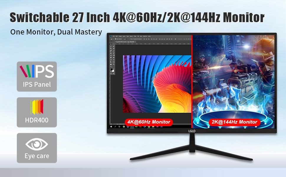 LGLO Monitor 4K UHD (3840 x 2160) de 27 pulgadas, modo dual 4K @60Hz/2K @144Hz, panel IPS ...