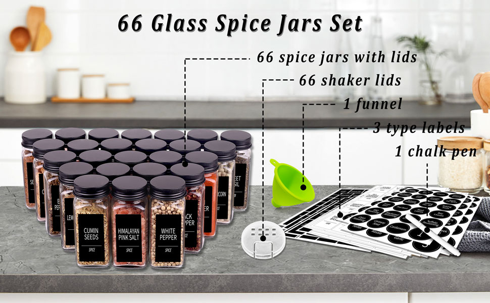 Amazon.com: Churboro 66 Spice Jars with 547 Labels- Glass Spice Jars with Black Metal Caps, 4oz ...
