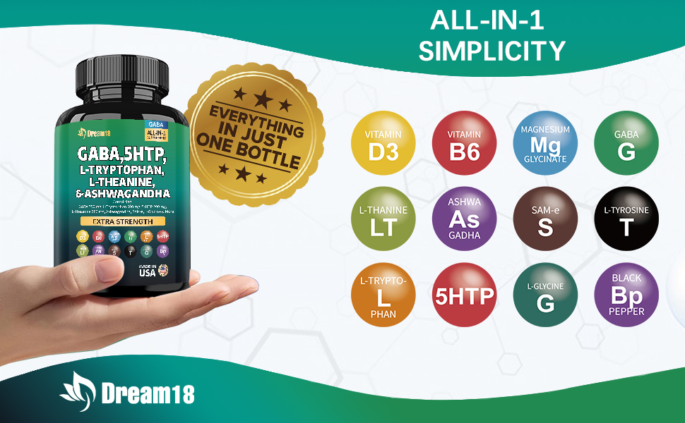 Amazon.com: DREAM 18 GABA 750mg 5 HTP 200mg L Tryptophan 500mg L Theanine 200mg Ashwagandha ...
