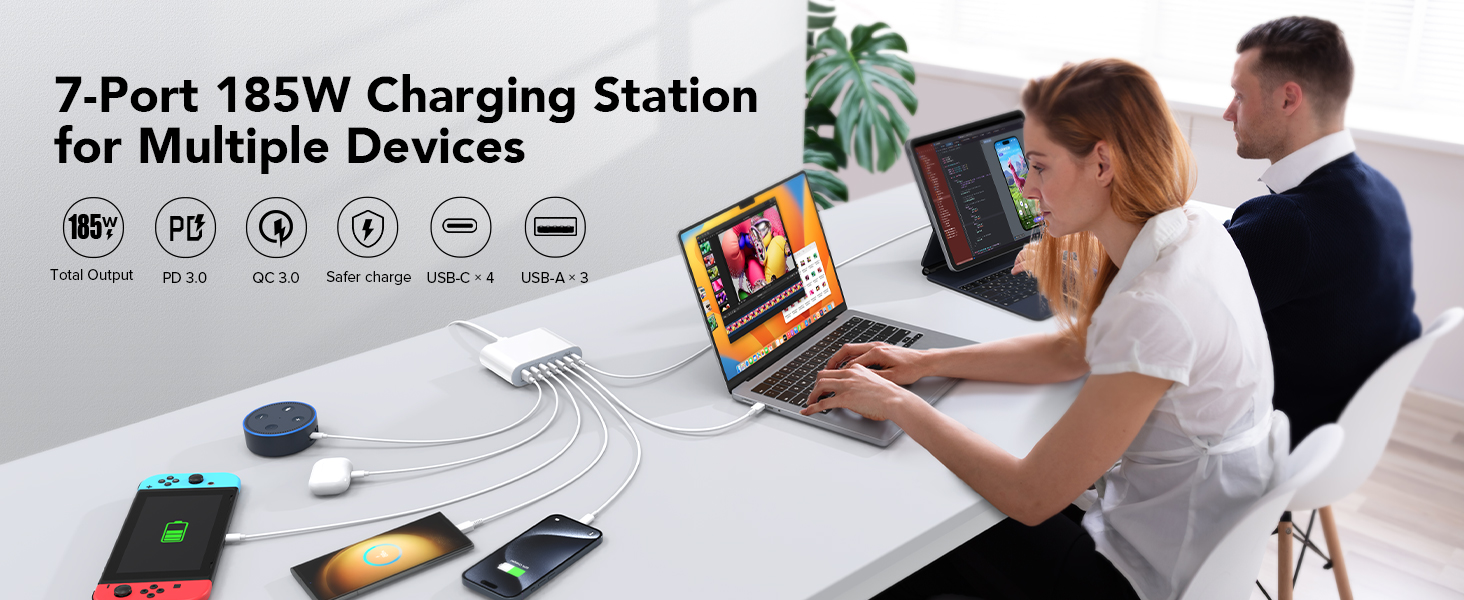 Amazon.com: 185W USB C Wall Charger,7 Port Compact PD GaN Fast Charging Station Block Hub Laptop ...