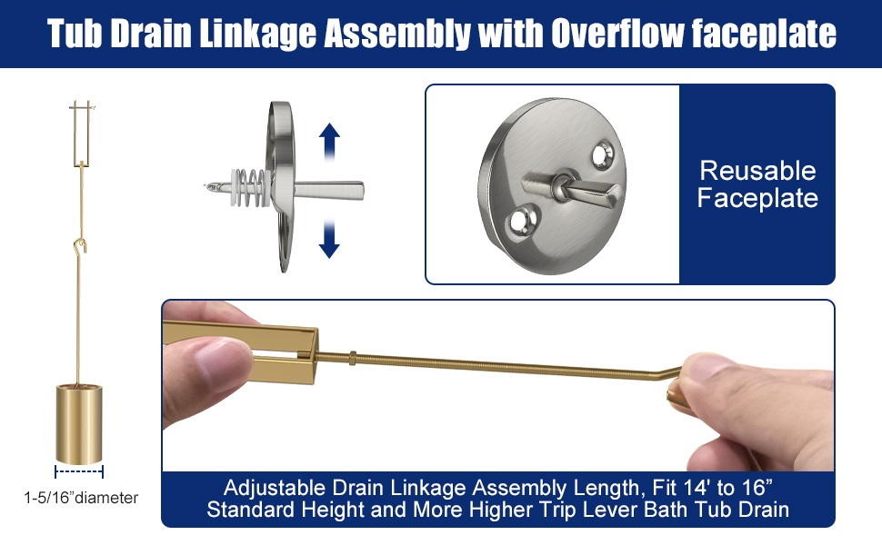 Tub Drain Linkage Assembly with Trip Lever and Strainer Done Cover, Trip Lever Overflow ...